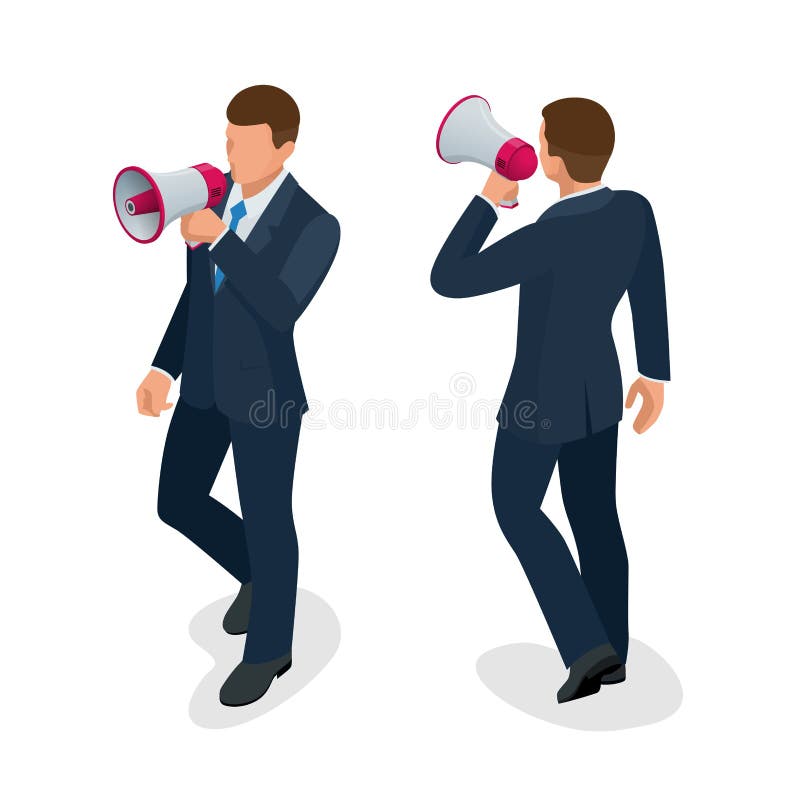 Isometric Man with Loudspeaker Flat Vector Illustration. Speaker or ...