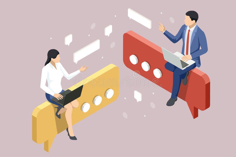 Isometric Man and Woman Experts Explaining, Speaking, Talking about ...