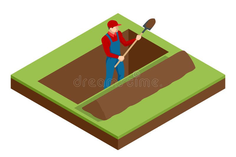 Isometric a Man in Work Clothes Digging a Hole. Construction Worker ...