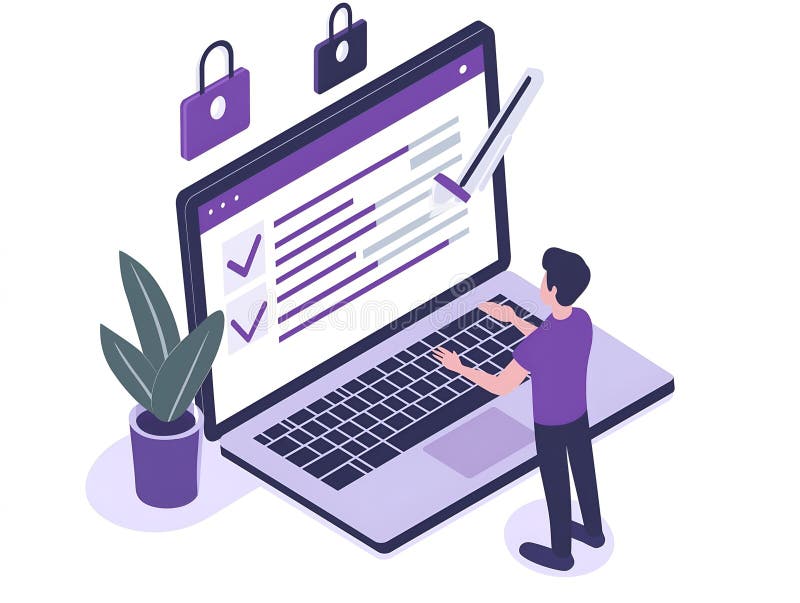 Isometric Man Working Laptop Interface Design Software Development Stock Illustration ...