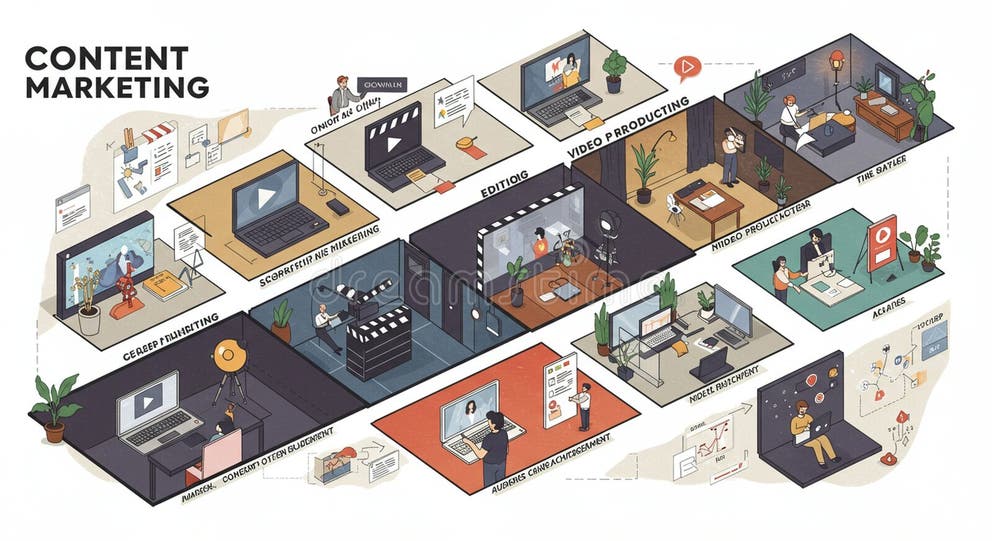 Isometric Map Illustrating a Content Marketing Workflow with Various ...