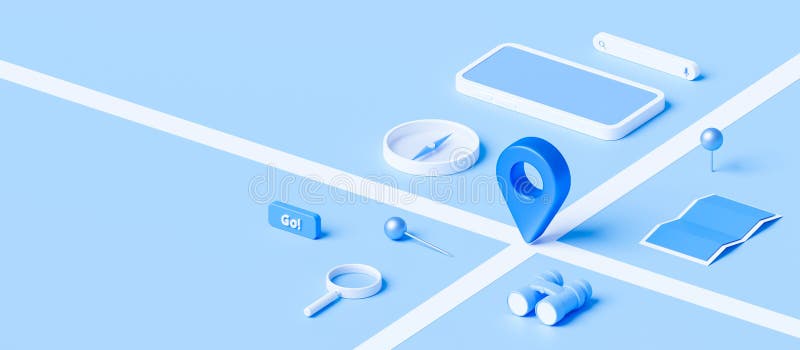 Isometric of Map and Location Pin or Navigation Icon Sign on Blue ...