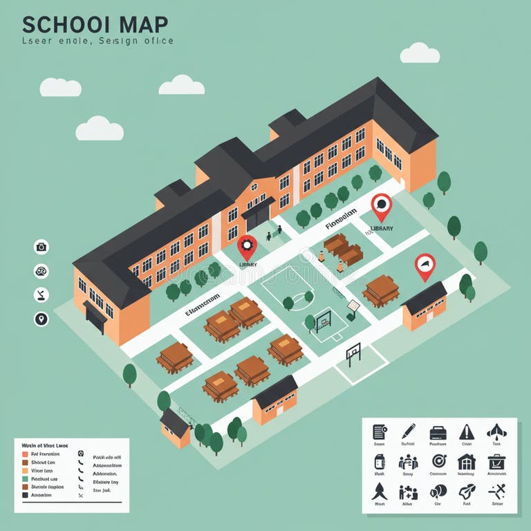 Isometric Map Representing a School Layout. Features a Large, L-shaped ...