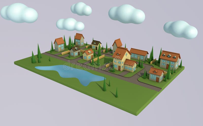 Isometric Map of the Small Town or Suburb. 3d Rendering. Low Poly ...