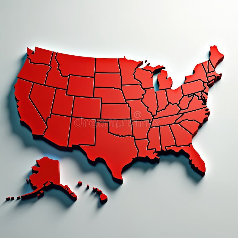 Isometric Map of United States in Bold Red with Clear State Borders ...
