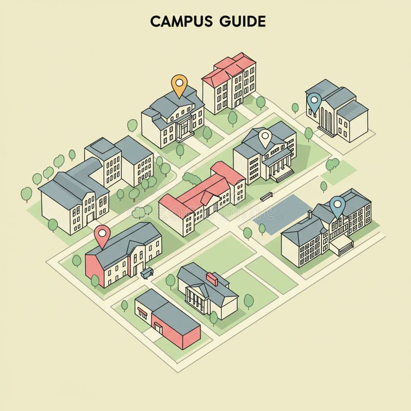 Isometric Map of a University Campus Featuring Labeled Buildings with ...