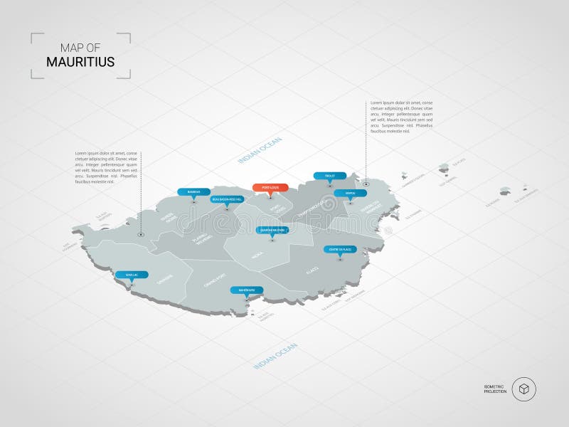 Isometric Mauritius Map with City Names and Administrative Divisions ...