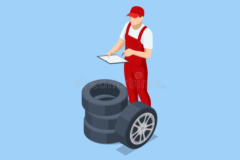 Isometric, Mechanic at a Garage Workshop. Wheel and Tire Installation ...