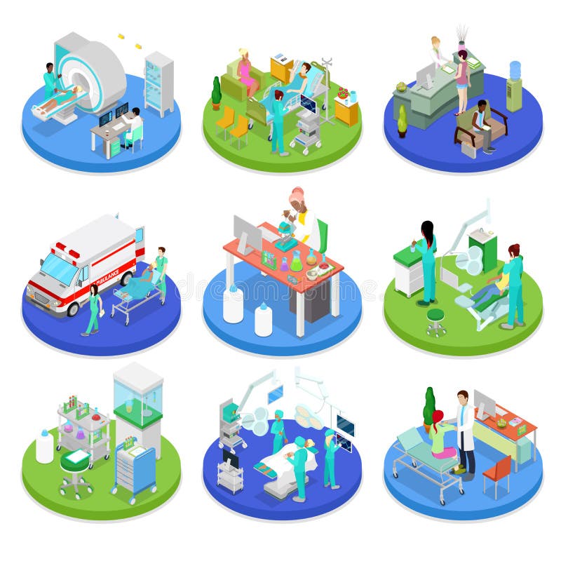 Set Isometric Medical Workers And Patients Hospital Bed Mri X Ray