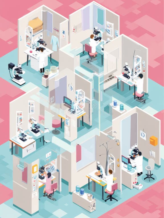 Isometric Medical Lab Featuring Advanced Microscopes and Lab Coats in a ...