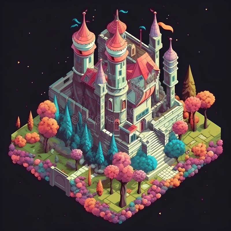 Isometric Medieval Castle in the Autumn Forest, 3d Illustration. Stock ...