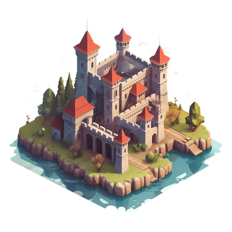 Isometric Medieval Castle on the Bank of the River. Vector Illustration ...
