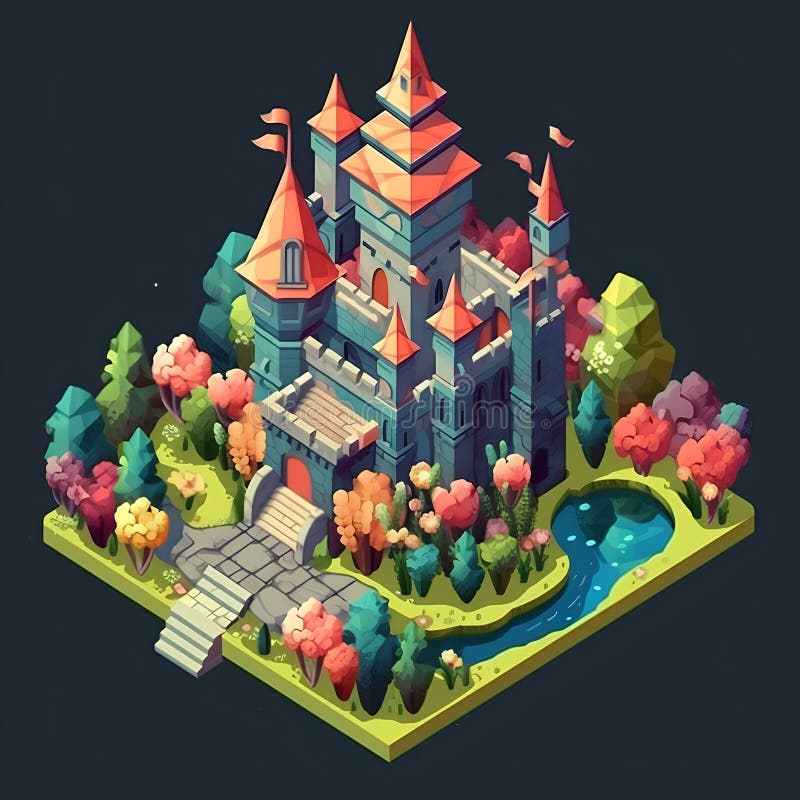 Isometric Medieval Castle on the Bank of the River. Vector Illustration ...