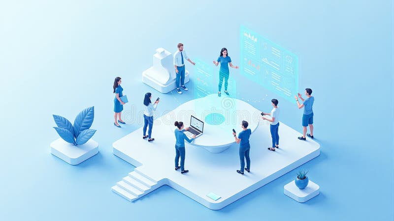 Isometric Meeting on Platform with Team Stock Illustration ...