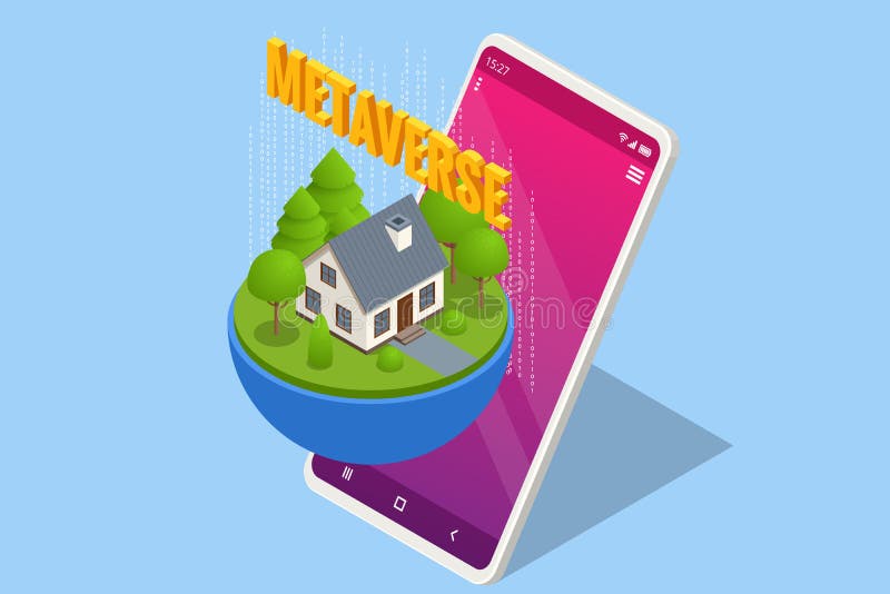 Isometric Metaverse Concept. Network of 3D Virtual Worlds Focused on ...