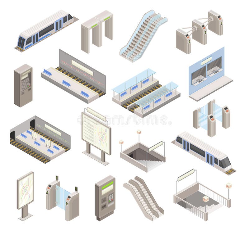 Isometric Metro Station Element Collection with Train, Escalator and ...