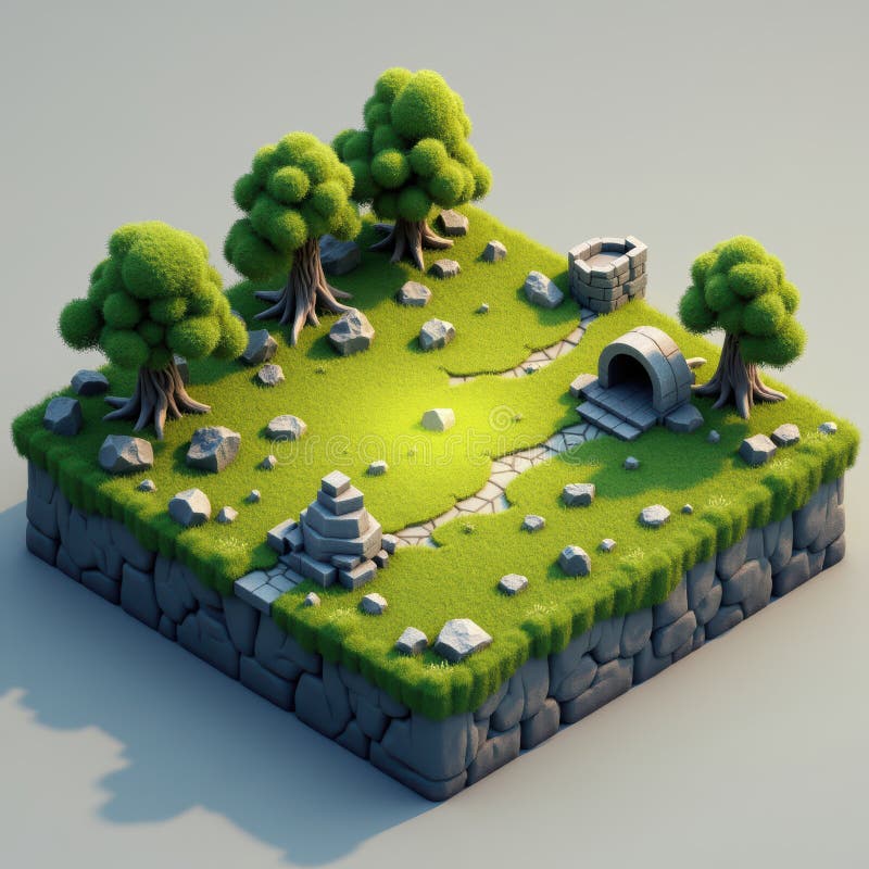 Isometric Miniature Landscape with Stone Ruins and Lush Greenery Stock ...
