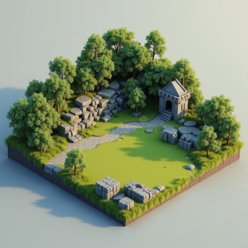 Isometric Miniature Park with Stone Ruins and Gazebo Stock Illustration ...