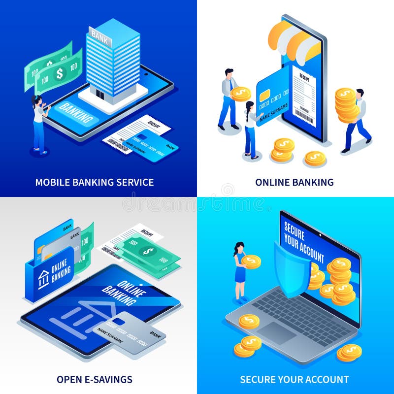 Isometric Mobile Banking Services Square Illustration Set Stock ...