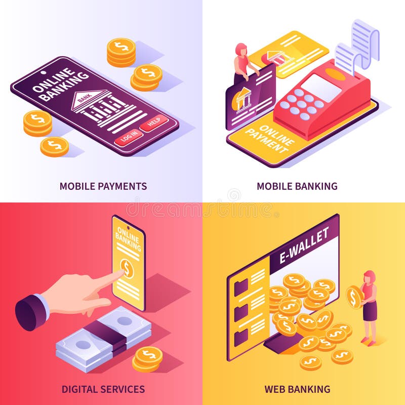 Isometric Mobile and Digital Banking Services Collection Stock ...