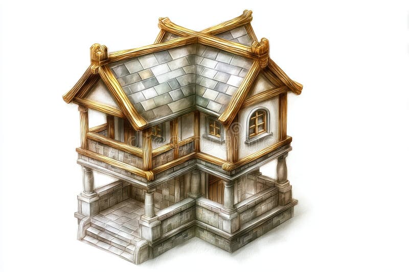 Isometric Model of a Medieval House Asset Featuring Stone and Wood ...
