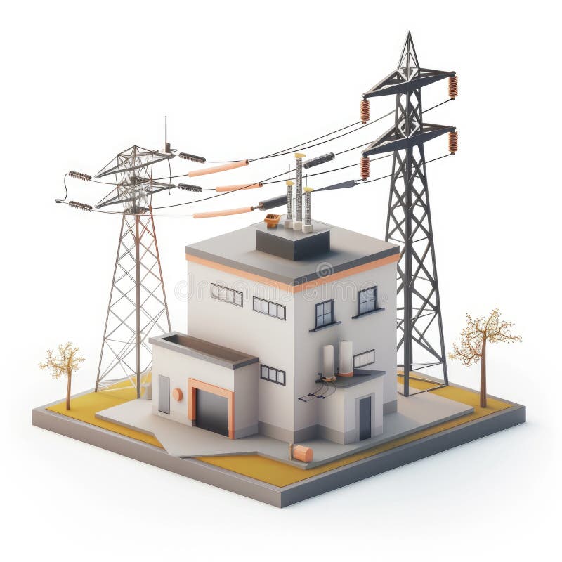 Isometric View of Power Substation with High Voltage Towers Stock ...