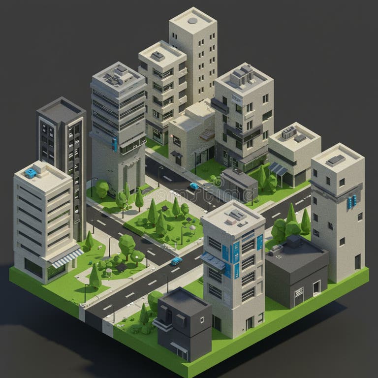 Isometric Model of a Small Urban Neighborhood Featuring Multi-story ...