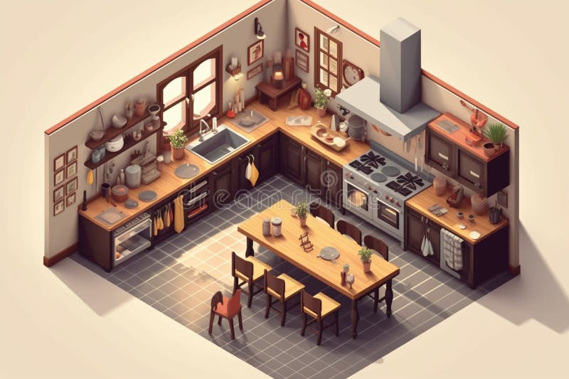 Isometric Modern Kitchen with a Large Work Surface Stock Illustration ...