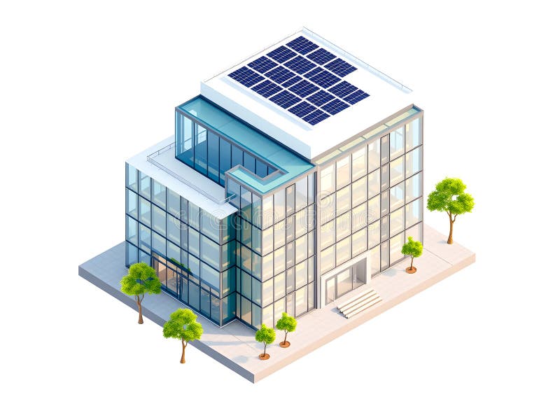 Isometric Modern Office Building with Solar Panels and Trees Stock ...