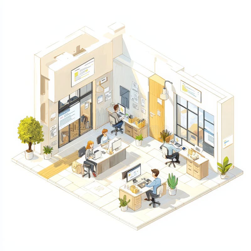 Isometric Modern Office Workspace with Employees at Desks Stock Illustration - Illustration of ...