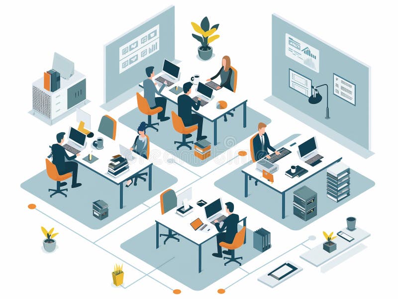 Isometric Modern Office Workspace with Team Collaboration Stock ...