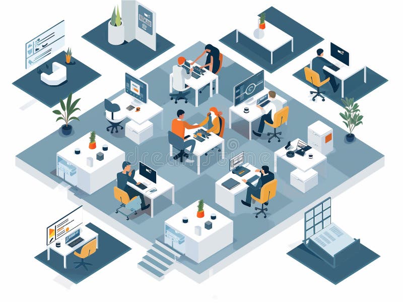 Isometric Modern Office Workspace with Team Collaboration Stock ...