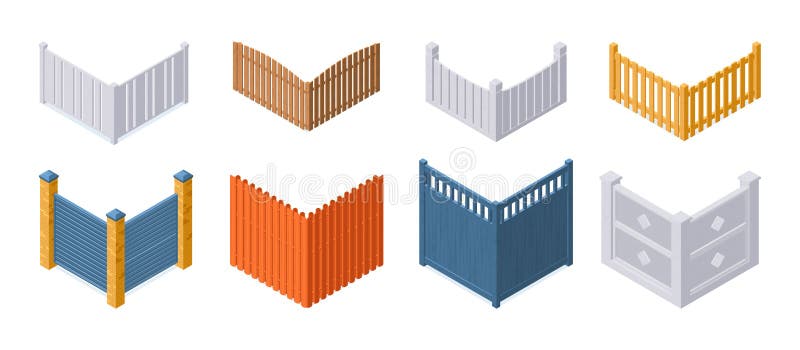 Isometric Modern and Traditional Fence Corners Icons Set Isolated ...