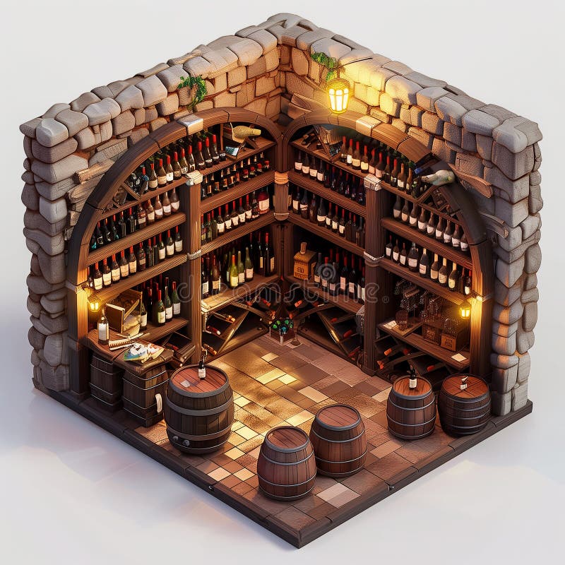 Isometric Modern Wine Cellar with Barrels Bottles. 3D Interior in Dark ...