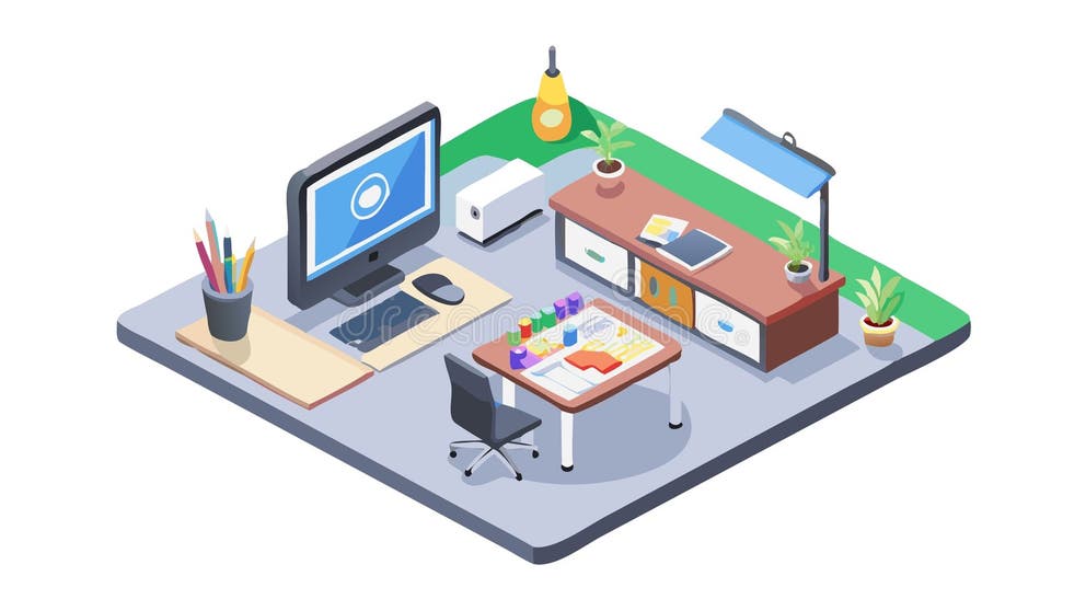 Isometric Modern Workspace Illustration, Desk, Computer, Office ...