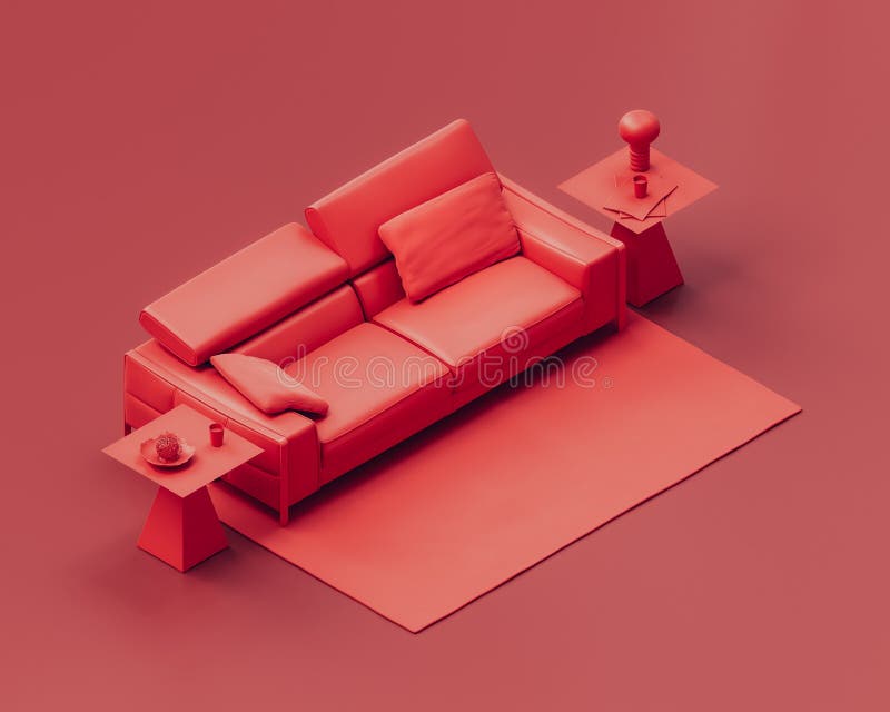 Isometric Monochrome Single Red Color Interior Living Room with Sofa ...