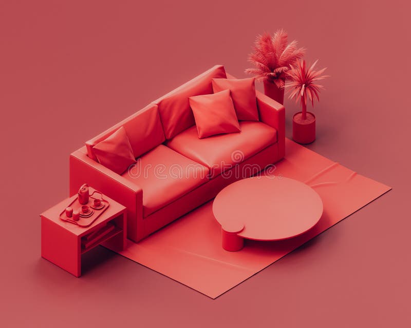 Isometric Monochrome Single Red Color Interior Living Room with Sofa ...