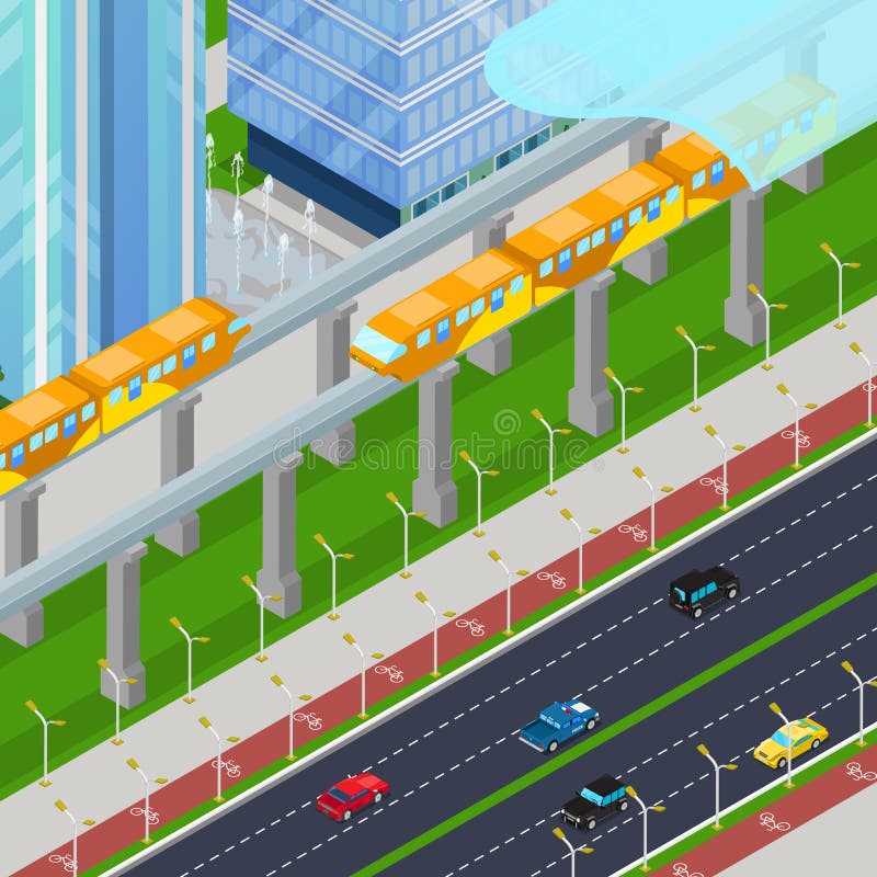 Isometric Monorail Railway Train in Modern City with Skyscrapers Stock ...