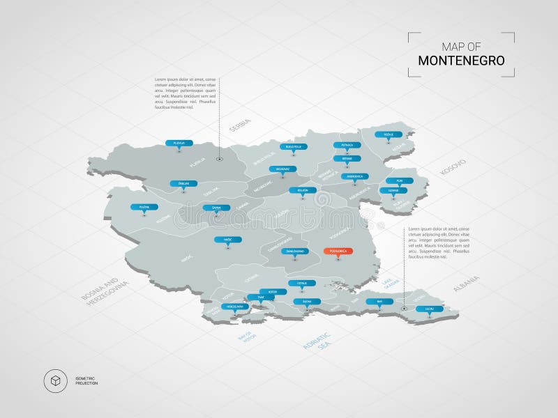 Isometric Montenegro Map with City Names and Administrative Divisions ...