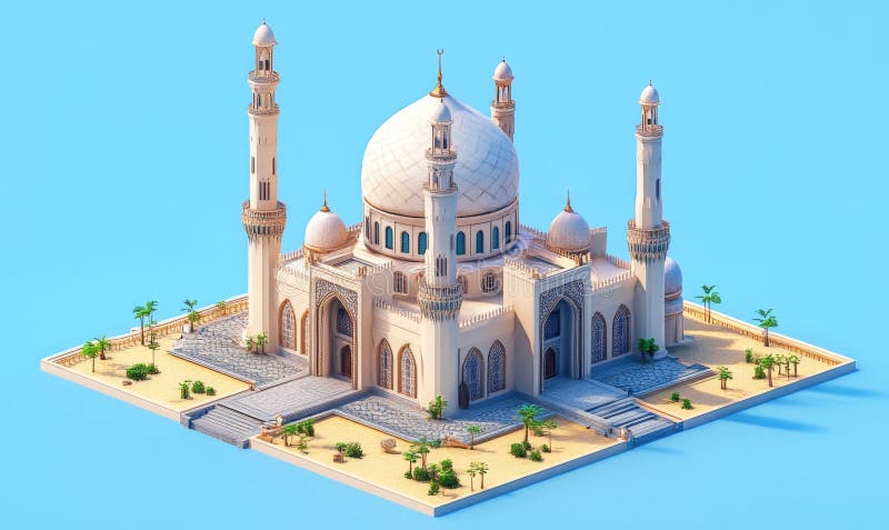 Isometric Mosque with a Large Dome and Minarets, Intricate Islamic ...