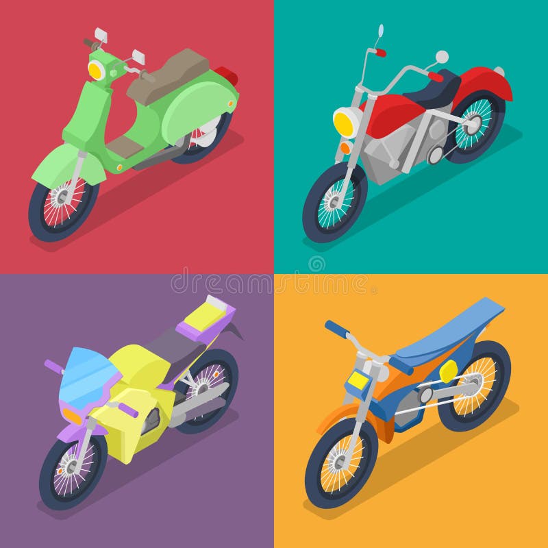 Isometric Motorcycle Set with Motocross and Scooter Stock Vector ...