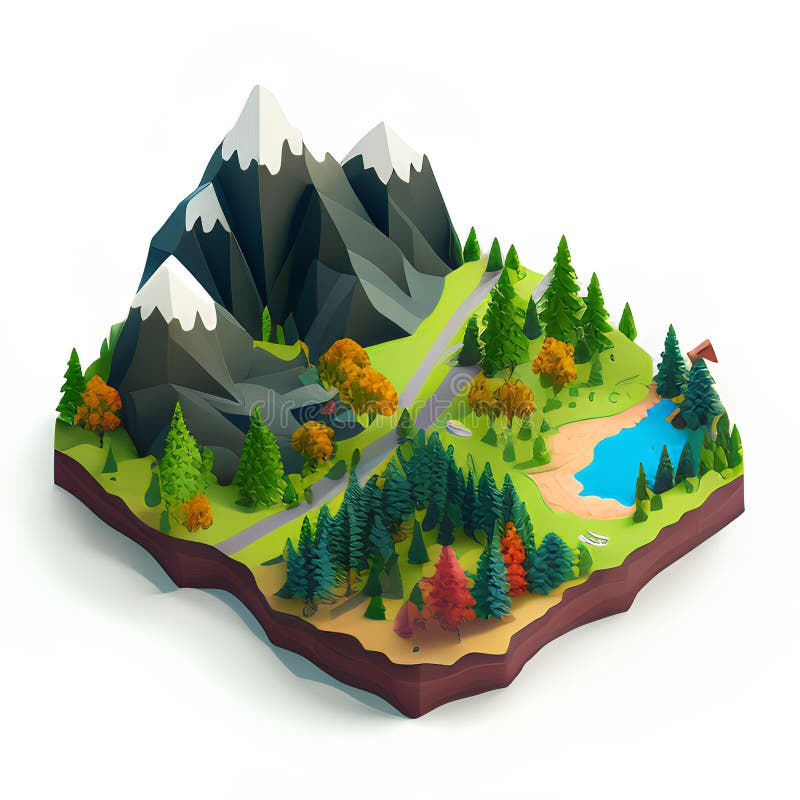 Isometric Mountain with Forest and Lake. 3d Vector Illustration Stock ...