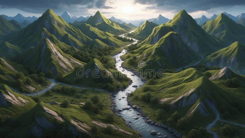 Isometric Mountain Landscape with a River Flowing through Stock ...