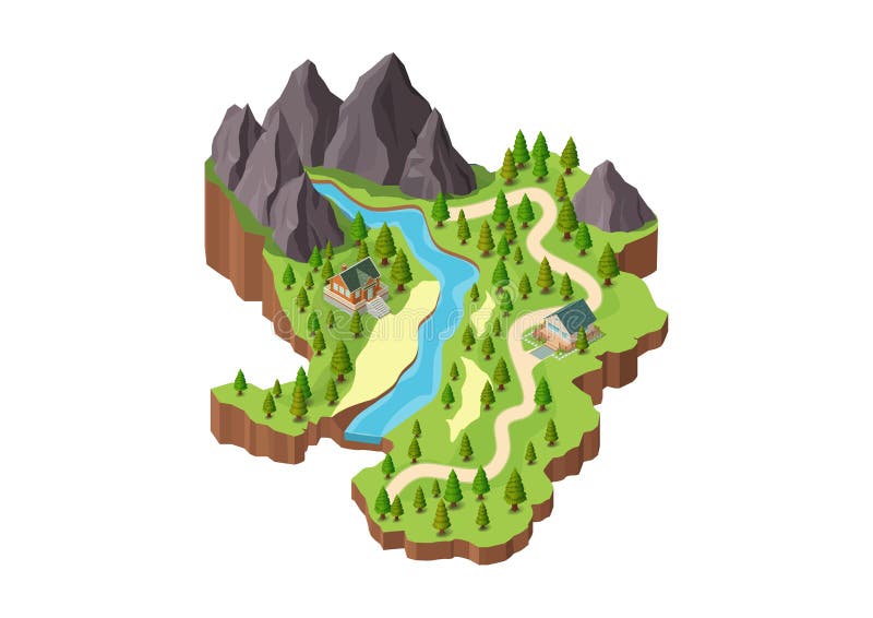 Isometric Mountain with Natural River Stock Vector - Illustration of ...