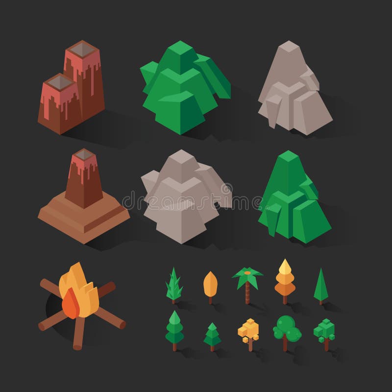 Isometric Mountains with Waterfall, River, House, and Trees Stock ...