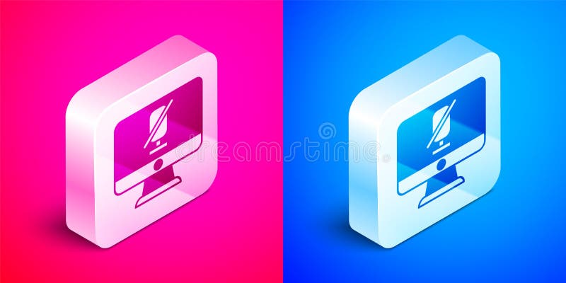 Isometric Mute Microphone on Computer Icon Isolated on Pink and Blue ...
