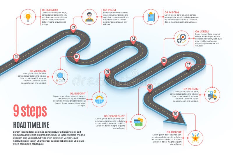 Isometric Navigation Map Infographic 9 Steps Timeline Concept. Winding ...