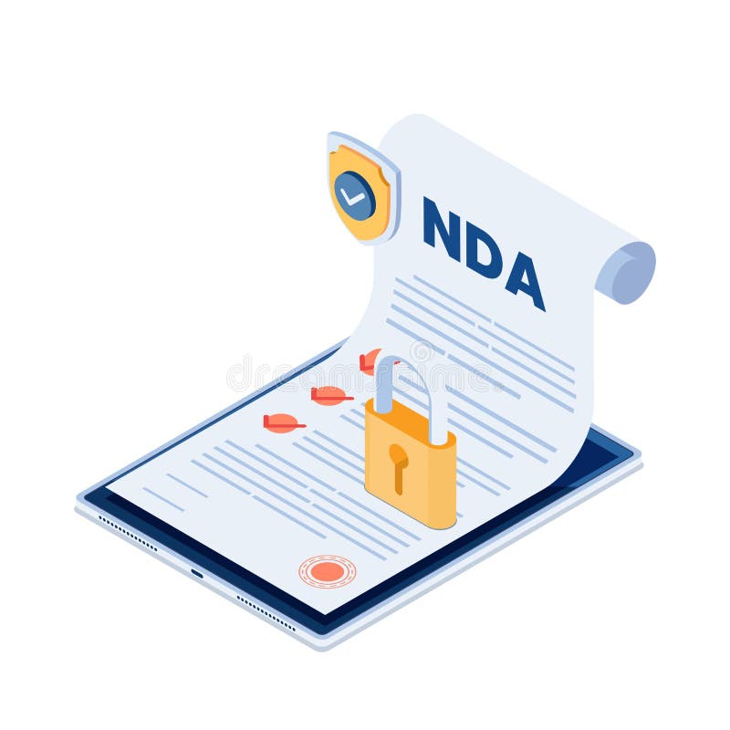 Isometric NDA Document with Shield and Lock on Digital Tablet Stock ...