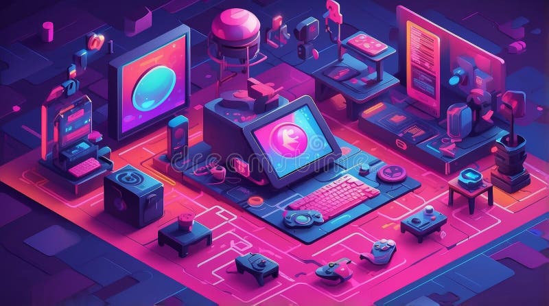 Isometric Neon Vector of Stylized Gaming Platforms with Avatars ...