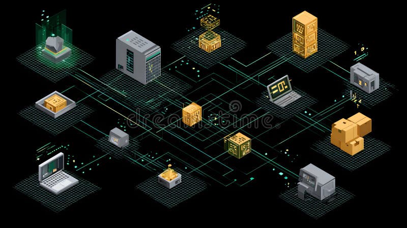 Isometric Network Diagram with Servers, Laptops, and Cubes on a Grid ...